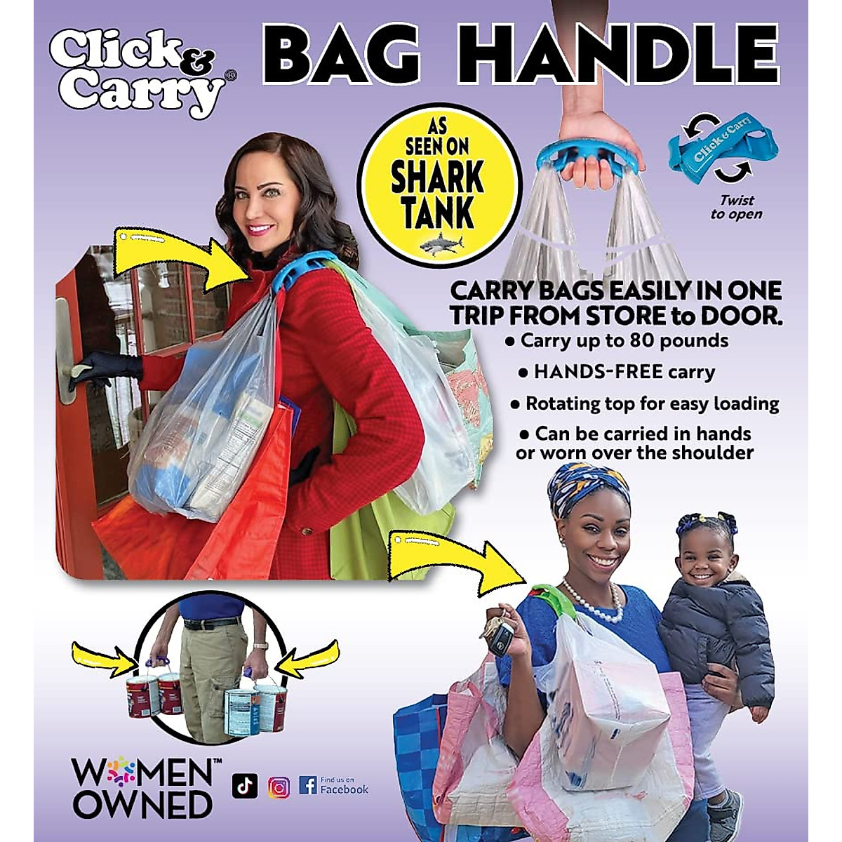 Click & Carry Grocery Bag Carrier, 1 Pack, Fuchsia - As seen on Shark Tank, Soft Cushion Grip, Hands Free Grocery Bag Carrier, Plastic Bag Holder, Haul Sports Gear, Click and Carry with Ease