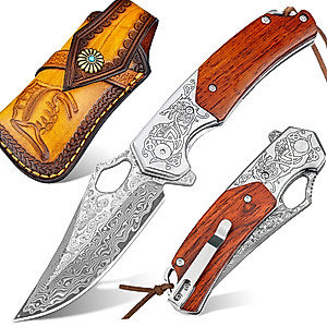 NedFoss Damascus Pocket Knives for Men, Handmade Forged VG10 Damascus Steel Folding Knife with Leather Sheath, Sandalwood Handle, Pocket Clip, Cool Knives Gifts for Men EDC (PTEROSAUR)
