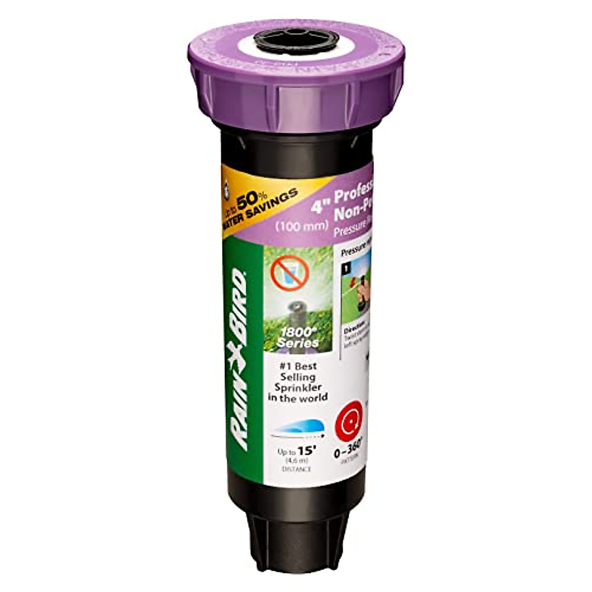 Rain Bird 1804NPPRS Pressure Regulating (PRS) Professional Non-Potable Water Pop-Up Sprinkler, Adjustable 0° to 360° Pattern, 8' - 15' Spray Distance, 4" Pop-up Height, Purple Cap