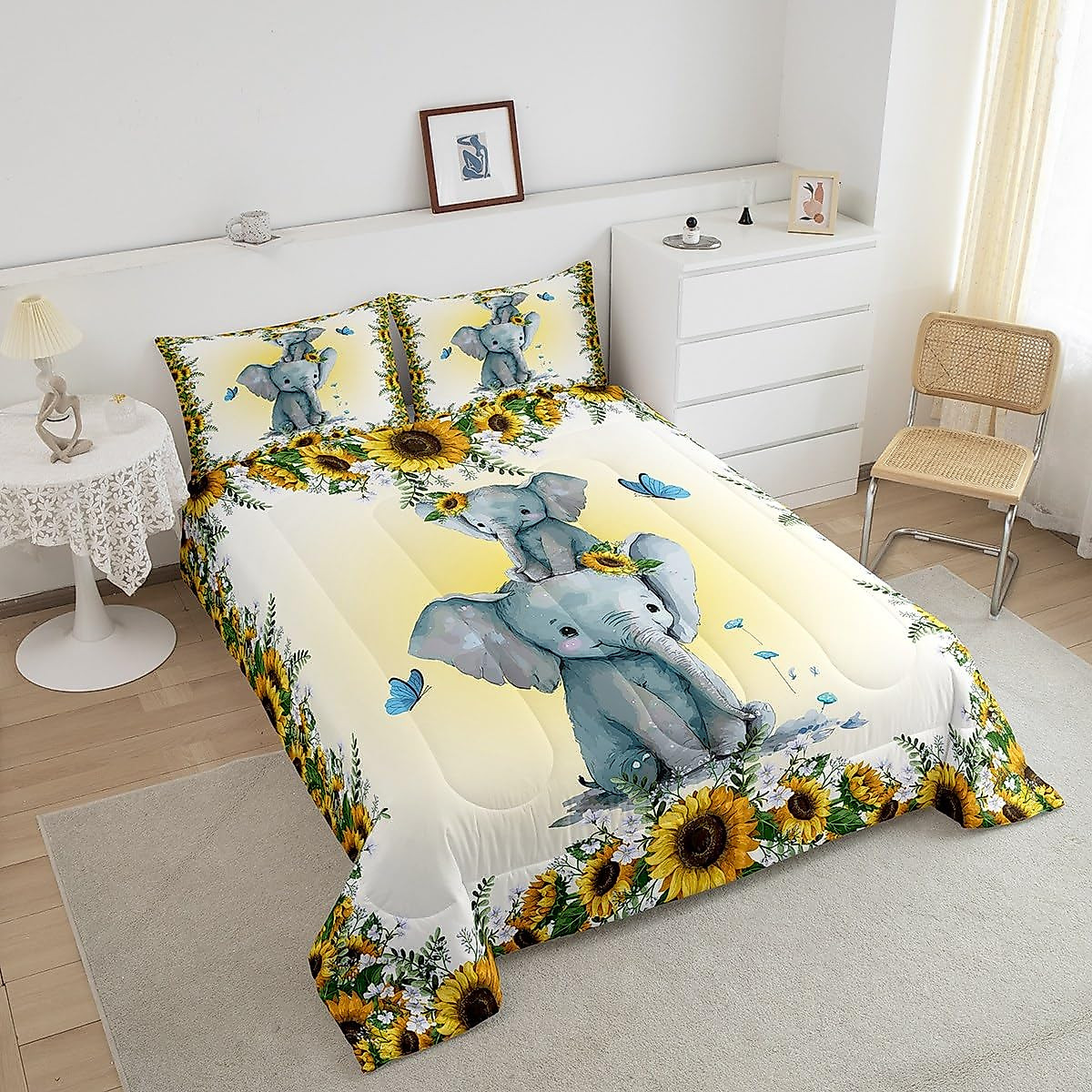 Erosebridal Gray Elephant Comforter Set Kawaii Room Decor,Cartoon Wildlife Woodland Animals Bedding Twin Set for Kids Girls Boys,Yellow Flowers Sunflower Down Comforter Blue Teal Butterfly Decor