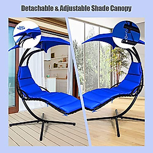 Safstar Hanging Chaise Lounger with Removable Canopy, Patio Swing Chair and Stand with Cushion & Built-in Pillow, Hanging Arc Chaise Hammock for Backyard Garden Patio Poolside (Navy Blue)