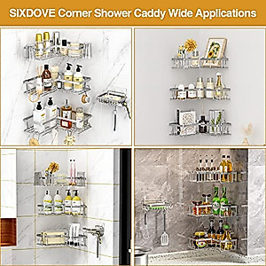 SIXDOVE 3-PACK Corner Shower Caddy- Corner Shower Shelf with 1 Soap Holder, Adhesive Shower Organizer with 18 Hooks, No Drilling Rustproof Stainless Steel Shower Rack Shelves for Bathroom & Kitchen