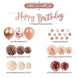 Rose Gold Party Decorations Set 30 Piece Party Supplies with Balloons, Paper Pom Poms, Paper Garland for Wedding, Bridal, and Baby Shower, Birthday Party