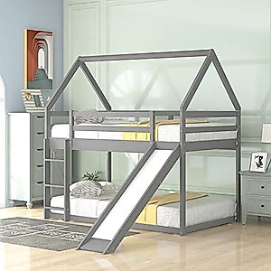 Merax Twin Size House Bunk Bed with Slide and Ladder, Twin Over Twin Wooden Bed Frame with Roof, Wood Bunk Bed for Teens, Boys, and Girls, Grey
