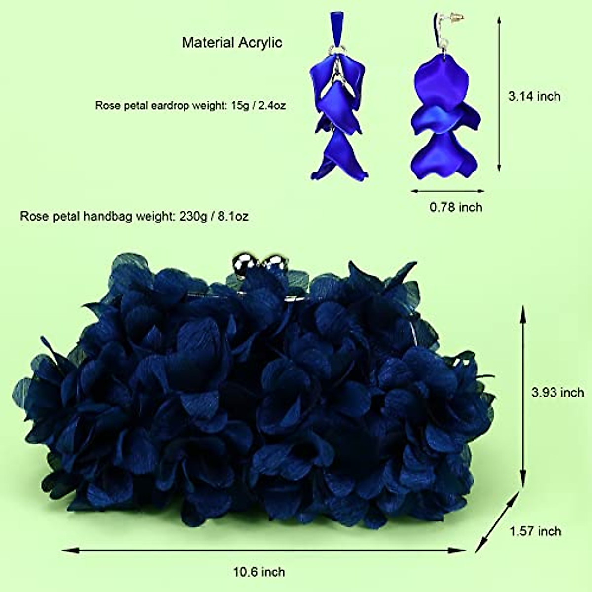 Mrotasvi Lightweight Tassel Rosa Flower Earrings and Rose Petal Clutch Evening Bag for Women Girls Party Wedding Pack of 2 Set (Blue)
