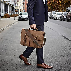 Mens Messenger Bag 15.6 Inch Waterproof Vintage Genuine Leather Waxed Canvas Briefcase Retro Office Computer Laptop Bag Large Satchel Shoulder Bag for Men Women, Brown