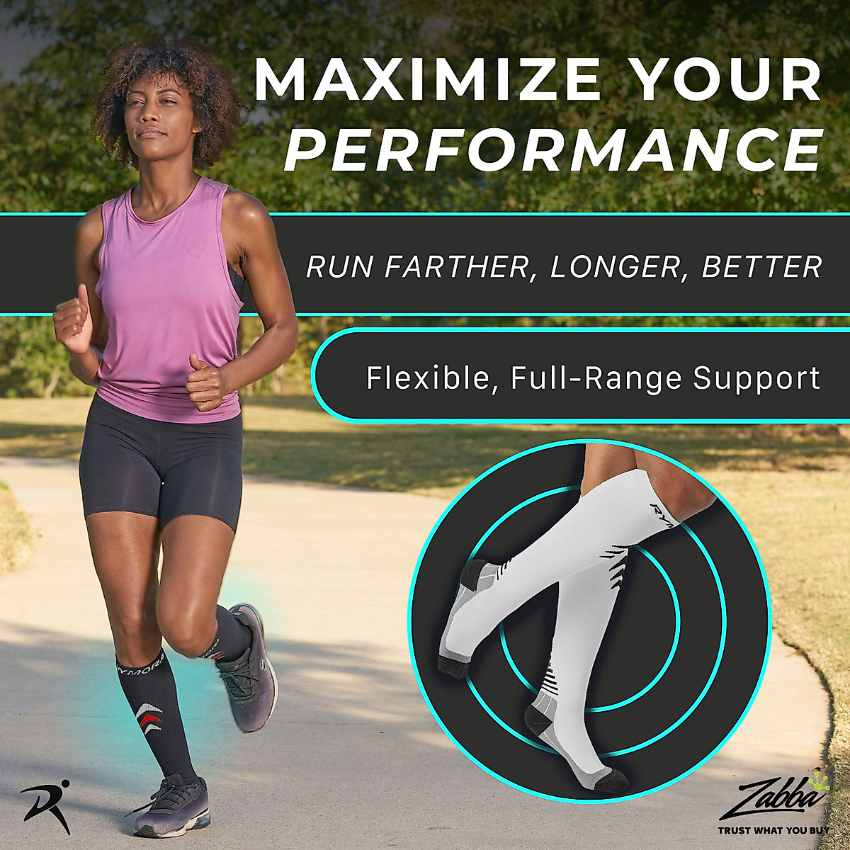 Rymora Compression Socks for Women and Men, Knee High Shin Splint Support Circulation Sock for Sports, Running, Cycling, Work, Pregnancy, Flight Travel - a Pair (Black, Large)