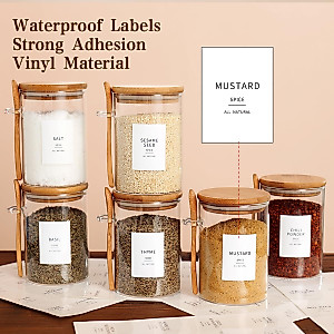 HHMJSM 6 Pcs Glass Jar with Bamboo Lid and Spoon - 17 oz Large Sugar Container with 148 Kitchen Pantry Spice Jar Labels Preprinted - Glass Containers with Wooden Lids Hold Coffee, Tea, Candy