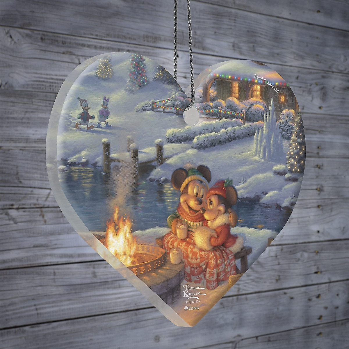 Disney – Mickey and Minnie Mouse – Christmas Lodge – Thomas Kinkade Studios – 3.5” x 3” Heart Shaped Hanging Acrylic Print – Officially Licensed Collectible