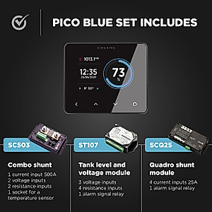 Simarine Pico Blue Battery Monitor System Set, Multi-Voltage, Lead Acid & Lithium Battery Compatible, Tank Monitoring, Shunt 500 A (Bezel, Silver S)
