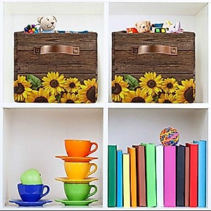HMZXZ Summer Floral Sunflower Wood Canvas Fabric Storage Basket Collapsible Toys Storage Bin with PU Leather Handles Basket Box Organizer for Wardrobe Closet Shelves Organiser