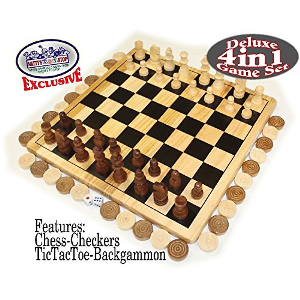Matty's Toy Stop Deluxe 4-in-1 Reversible Chess, Checkers, Tic Tac Toe & Backgammon Wooden Board Game Set