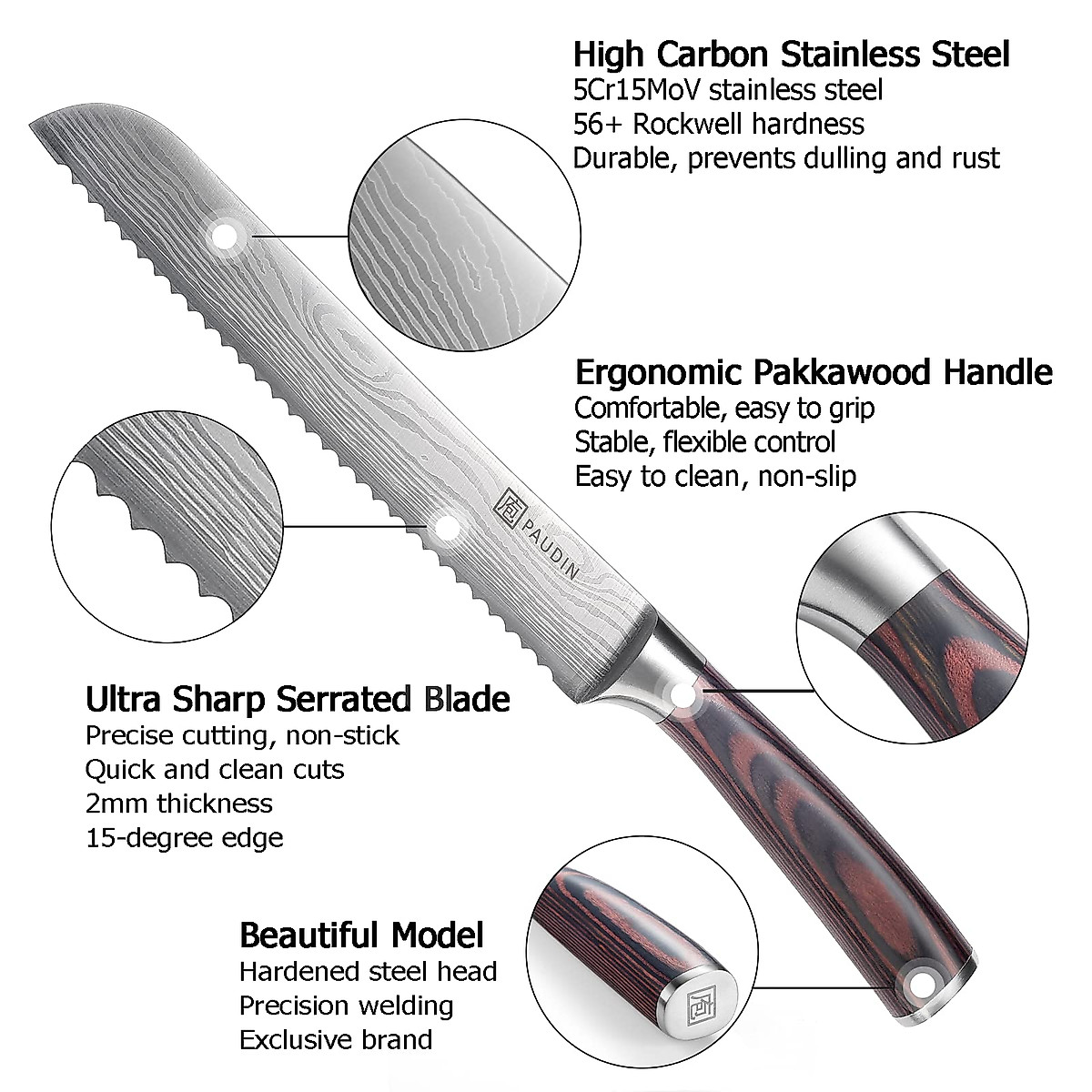 PAUDIN Bread Knife + Utility Knife 5 inch