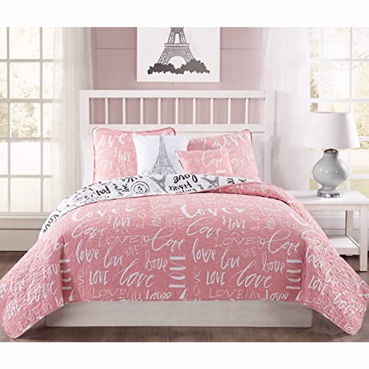 Quaint Home, Pillows, and Shams, 4-Piece Quilt Set, Twin, Bonjour Paris Pink/White/Black