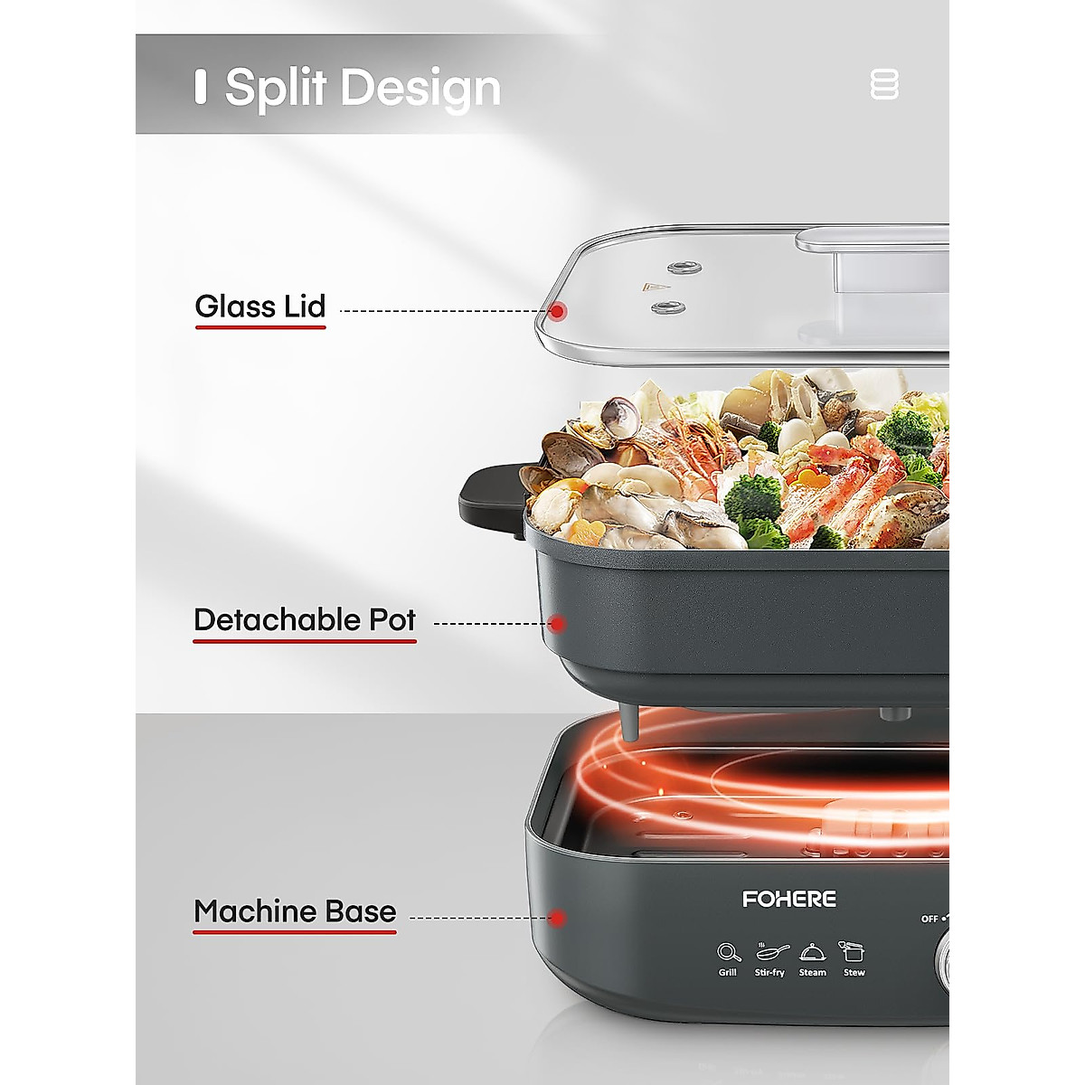 FOHERE 4.8Qt Hot Pot Electric, Ceramic Nonstick Electric Pot for Cooking, 1300W Electric Shabu Shabu Pot w/Dual Temperature Control for Home, Party, Family & Friend Gathering