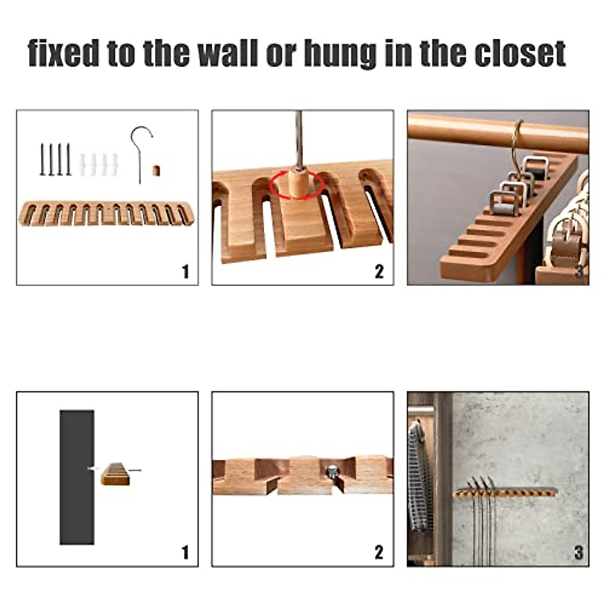 Hlimior Belt Hanger for Closet,2 in 1 Wooden Wall Mount 14 Belts Organizer Through-The-Wall Nails,Belt Rack 360°Swivel Hook,Tie and Belt Organizer Display for Closet,Door,Wall,1 Pack