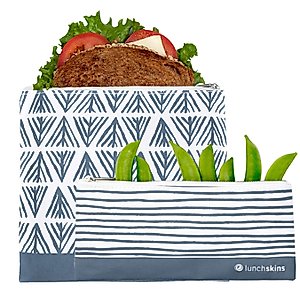 Lunchskins Reusable 2 Piece Zippered Food Storage Bag Set, 1 Sandwich Bag + 1 Snack Bag, Blue Geometric