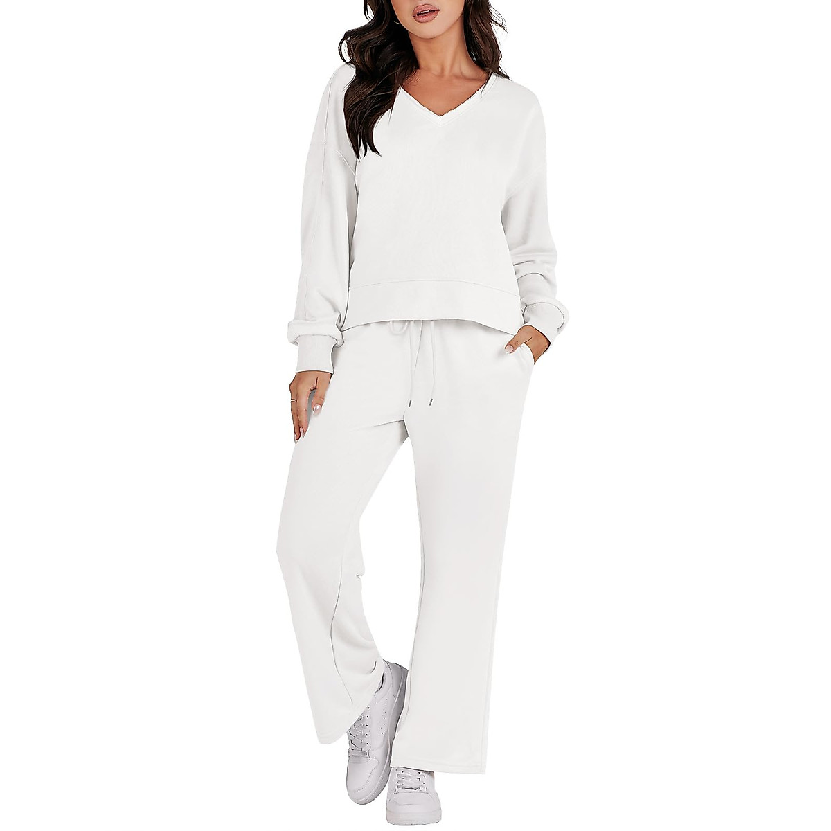 ANRABESS Women’s Two Piece Outfits Matching Sets Long Sleeve V Neck Pullover Top and Wide Leg Pants 2023 Fall Tracksuit Lounge Sets A804baise-S, White