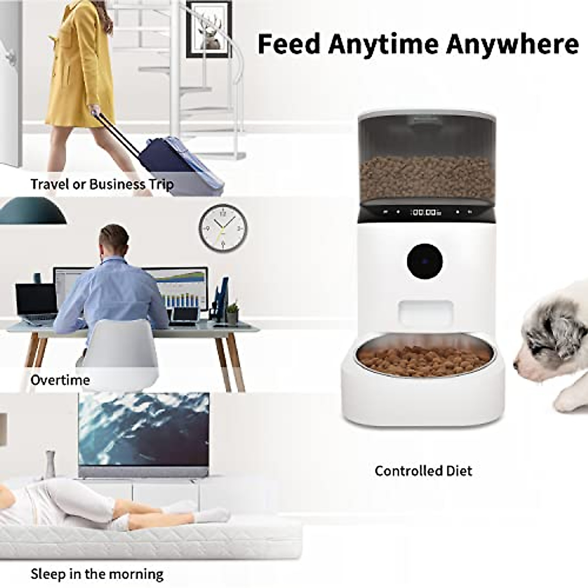 Vinticc Automatic Timed, Pet Dry Food Dispenser for Cat and Dog, WiFi Cat Feeder with APP Control, 20 Portions, 1-6 Meals Per Day, Up to 10s Meal Call