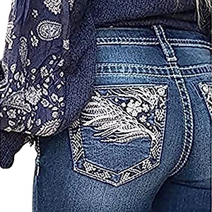 QJBMEI Women's Jeans Feather Flower Embroidery Mid Rise Stretchy Bootcut Slim Wide Leg Pants Blue