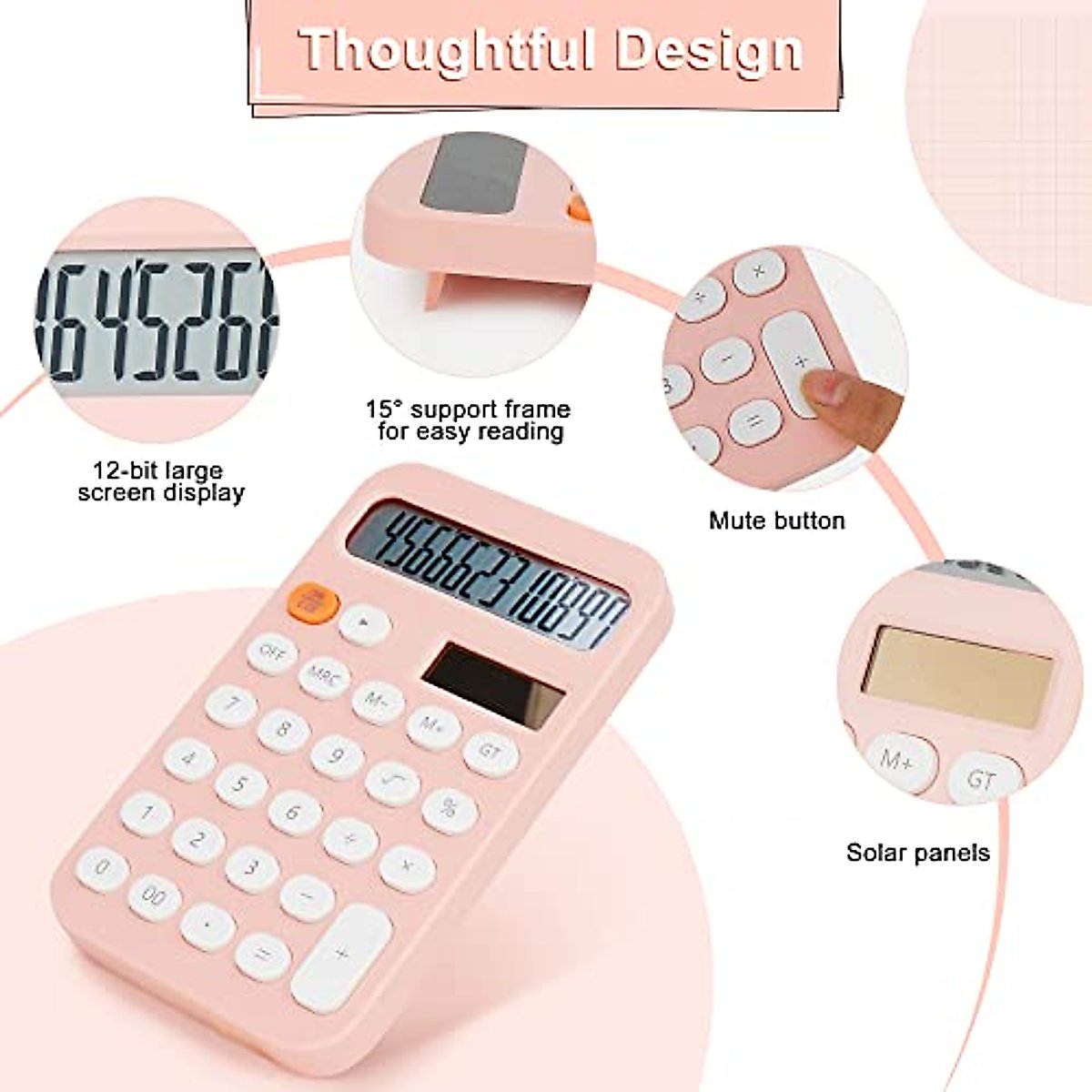 Standard Calculator 12 Digit,Desktop Dual Power Battery and Solar,Desk Calculator with Large LCD Display for Office,School, Home & Business Use,Automatic Sleep.5.7 * 3.5in (Pink)
