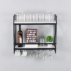 Industrial Wine Racks Wall Mounted with 6 Stem Glass Holder,Rustic Metal Hanging Wine Holder,2-Tiers Wall Mount Bottle Holder Glass Rack,Wood Shelves Wall Shelf Wine Accessories(24in,Vintage White)