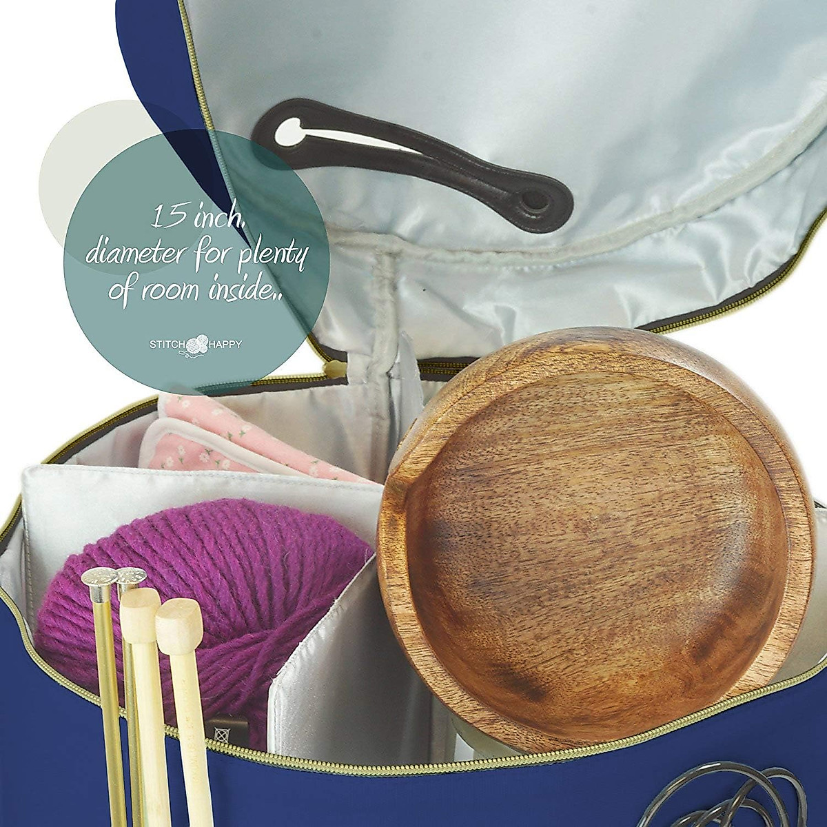 Stitch Happy XL Knitting Bag (Navy): 7 Pocket Yarn Bag, Crochet Bag, Yarn Storage, Crochet Storage