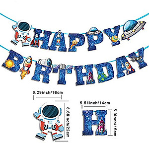 LINGAIXINYUE, Space Ship Astronaut Happy Birthday Banner Boys Birthday Party Banner Decoration Blue