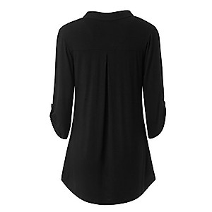 Zattcas Womens Floral Printed Tunic Shirts 3/4 Roll Sleeve Notch Neck Tunic Top,Solid Black,XX-Large