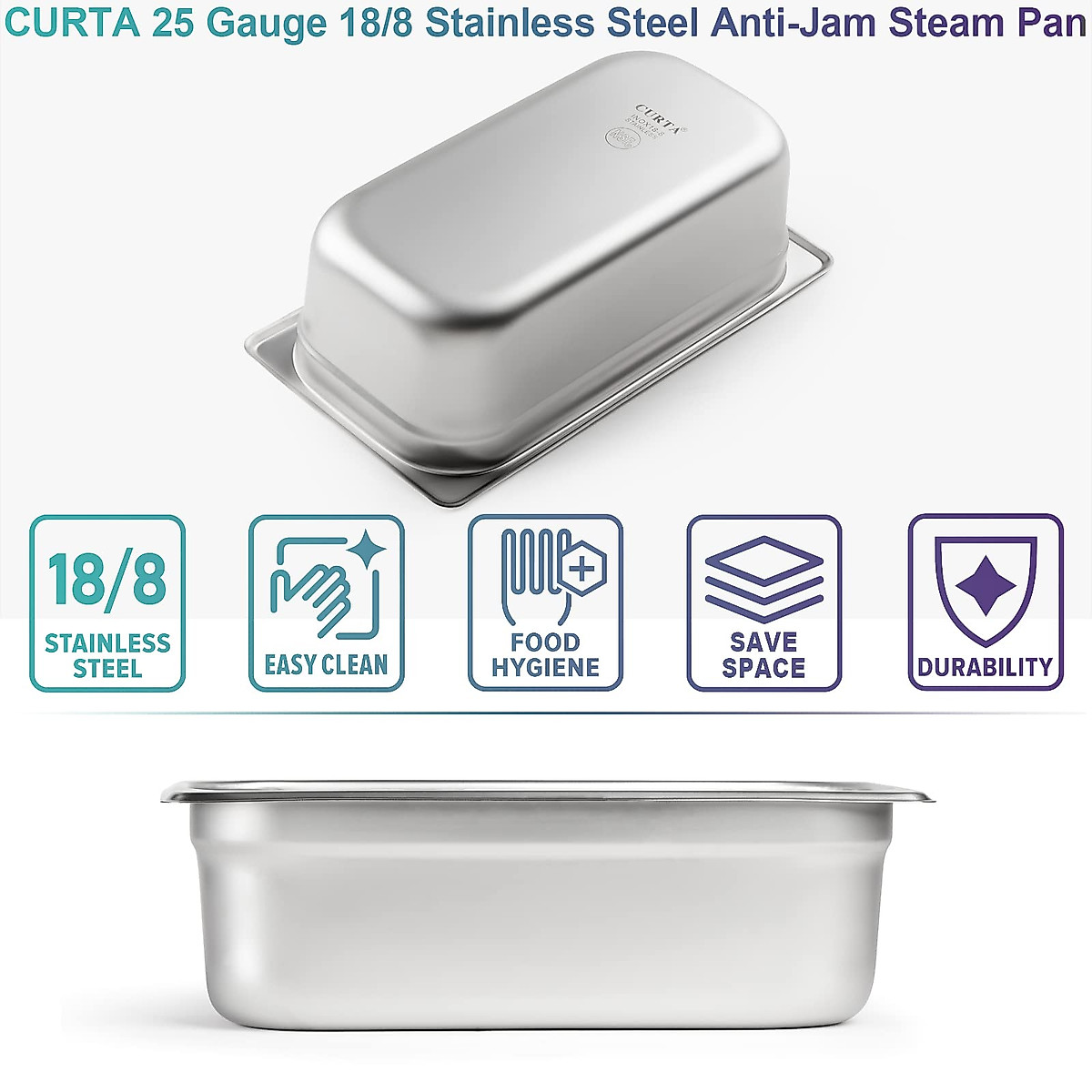 CURTA 6 Pack Anti-Jam Slotted Hotel Pans with Lids, 1/3 Size 4 Inch Deep, NSF Commercial 18/8 Stainless Steel Chafing Steam Table Food Pan with Covers
