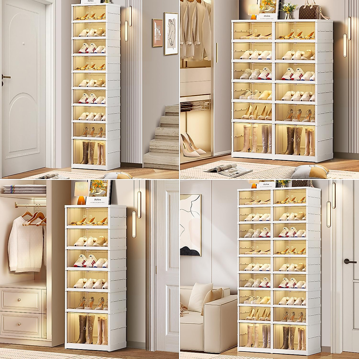 CIMLORD 9-Tier Foldable Shoe Rack Organizer for Closet 18Pairs Plastic Shoe Shelf Collapsible Shoes Storage Box Clear Shoe Boxes Stackable with Door Easy Assembly Shoe Cabinet with Lids Large