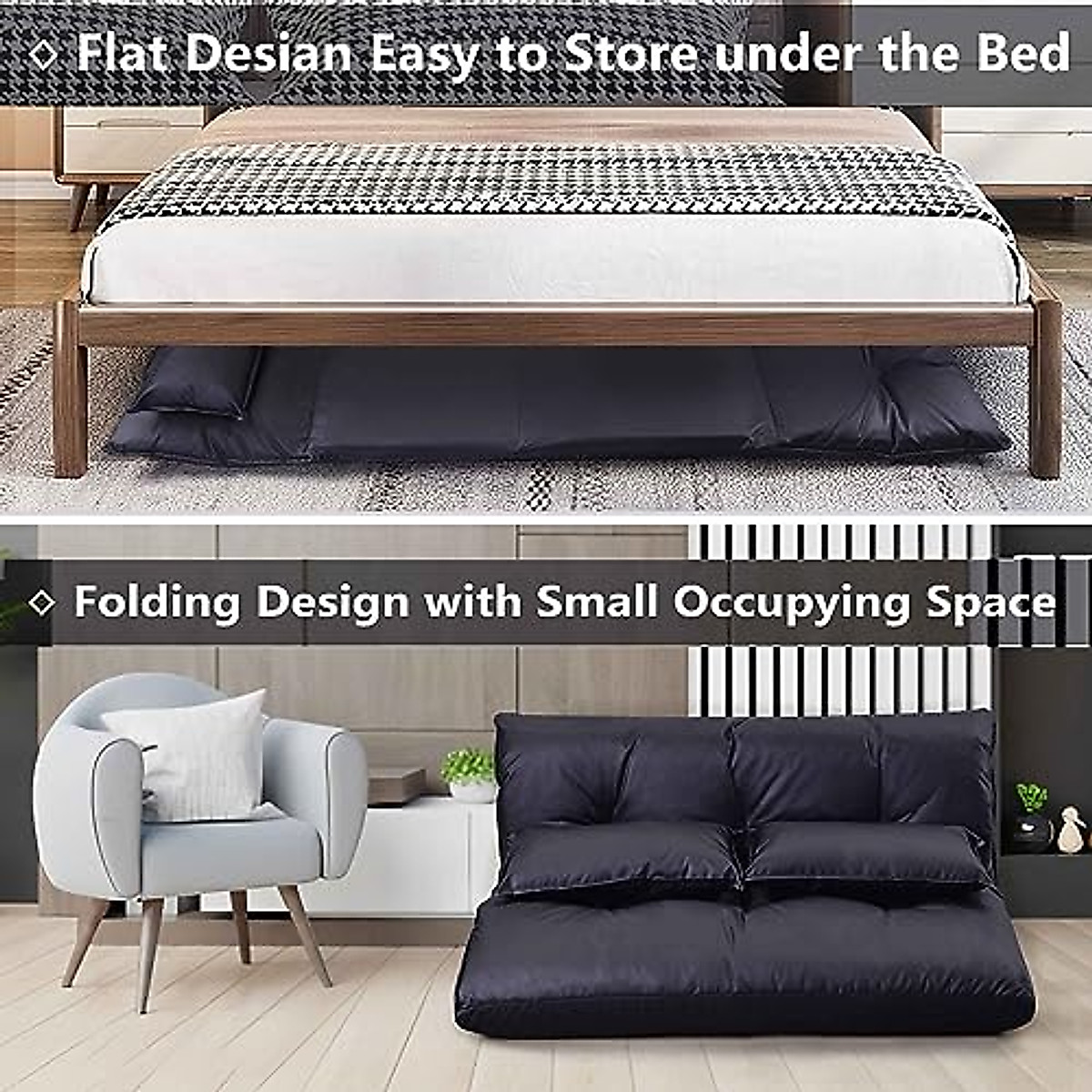 Mdhitsox Floor Sofa Bed with 2 Pillows, Adjustable Lazy Sofa, Folding Futon Couch, Video Gaming Sofa for Bedroom/Living Room/Balcony, Lounge Couch Bed, 5 Reclining Position (Black)