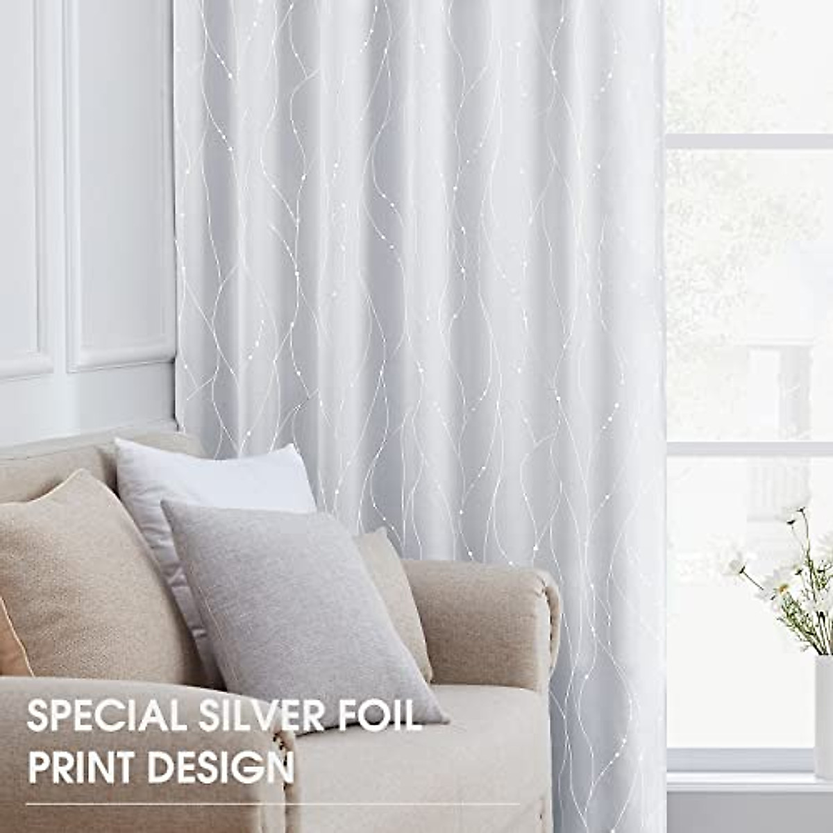 HOMEIDEAS Greyish White Blackout Curtains 52 X 84 Inches Long 2 Panels Silver Wave Line with Dots Printed Back Tab Room Darkening Curtains, Pocket Thermal Light Blocking Window Curtains for Bedroom