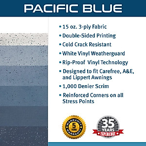 ShadePro - RV Awning Fabric Replacement - Heavy Duty Weatherproof Vinyl - Universal Outdoor Canopy for Camper, Trailer, and Motorhome Awnings - Pacific Blue - 18' (Fabric 17' 2")