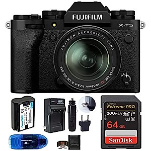 Fujifilm X-T5 Mirrorless Digital Camera with XF 18-55mm f/2.8-4 R LM OIS Lens Bundle, Includes: SanDisk 64GB Extreme PRO SDXC Memory Card, Spare Battery + More (6 Items) (Black)