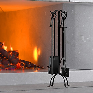Fire Beauty 5-Piece Fireplace Tools Set, Heavy Duty Wrought Iron Fire Place Toolset, Black