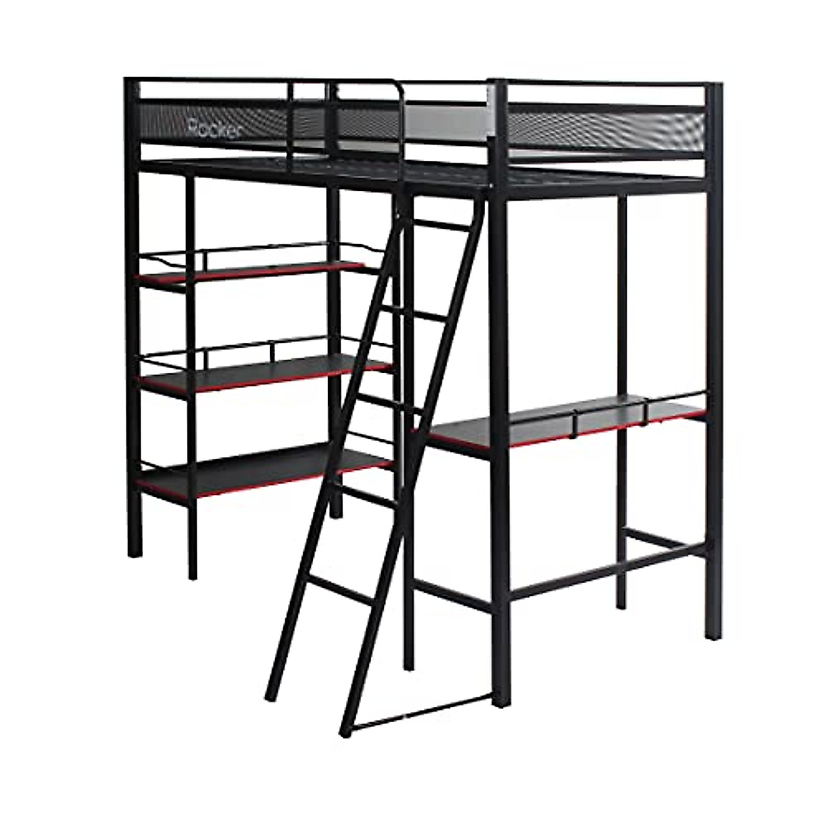 X Rocker I Fortress Gaming Bunk Bed I Built-in Desk and Shelving I Sturdy Metal Frame I Red Wooden Trim I Black