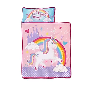 ECR4Kids Premium Folding Rest Mat, 3-Section, 2in, Sleeping Pad, Blue/Red and Funhouse Unicorn Kids Nap-Mat Set – Includes Pillow and Fleece Blanket