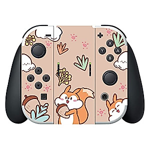 PlayVital Full Set Protective Stickers for Nintendo Switch OLED Model, Customized Vinyl Decal Skins for Switch OLED Console & Joycon & Dock & Grip - Squirrel with Acorn