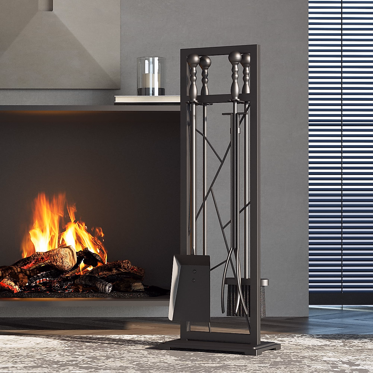 Fire Beauty Fireplace Tools, 5 Pieces Fireside Accessories Fire Kit Set, Stand Woodstove Tools Holder Wrought Iron Handle Indoor Fireset Stand (30.5 Inches)