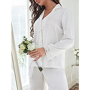 OYOANGLE Women's 2 Piece Silk Satin Pajama Set Long Sleeve Lace Button Down Shirt and Pants Sleepwear White L