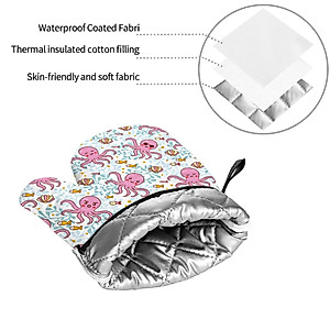 Cute Octopus Oven Mitts and Pot Holders Sets of 4 Heat Resistant Cooking Gloves and Potholders Non-Slip Kitchen Mittens Hot Pads with Hanging Loop for Kitchen Baking BBQ Grilling Picnic