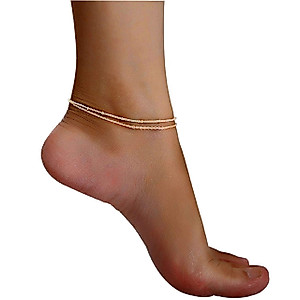 Bemoly Women Dainty Anklet,14K Gold Plated Satellite Anklet Double Layered Cute Beads Chain Tassel Coin Disc Heart Summer Ankle Bracelet Boho Beach Foot Chain