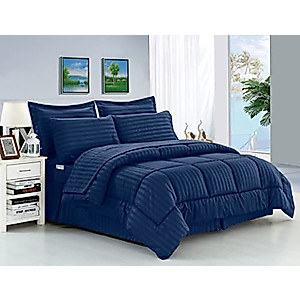 Elegant Comfort® Wrinkle Resistant - Silky Soft Dobby Stripe Bed-in-a-Bag 8-Piece Comforter Set -HypoAllergenic - King Navy Blue