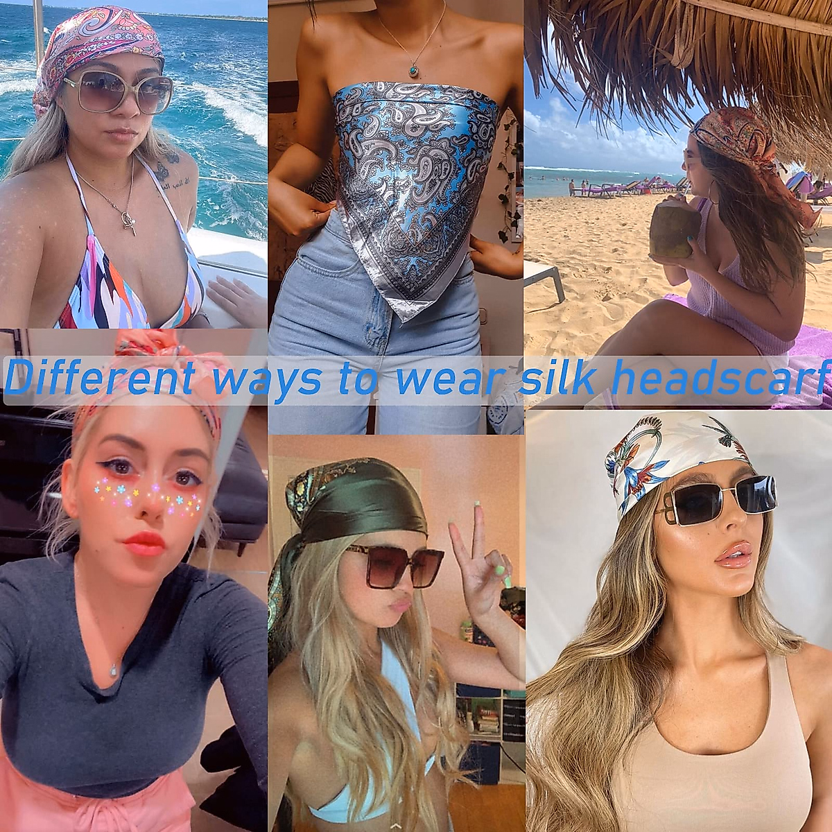 AWAYTR 35” Large Square Satin Head Scarf - Silk Hair Scarf Square Hair Bandanas Large Scarf Sleeping Head Wraps Neck Scarf for Women Hair Wrap (Flower)