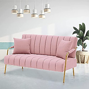 Majnesvon 61" Modern Velvet Loveseat Sofa,Upholstery Love Seat Couches with Tufted Backrest,Golden Metal Legs,Accent Sofa for Living Room Bedroom Apartment Office (Pink)