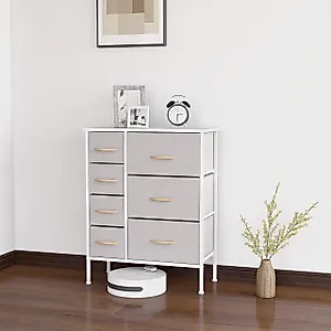 Bizroma 7 Small Fabric Heightened Feet and Wall Nails Organizer, Furniture Storage Drawer Dressers for Bedroom, Closet, Entryway, Hallway-Light Gray/White