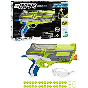 NERF Hyper Impulse-40 Blaster, 30 Nerf Hyper Rounds, Spring-Open Instant Reload Hopper, Up to 110 FPS Velocity, Eyewear Included