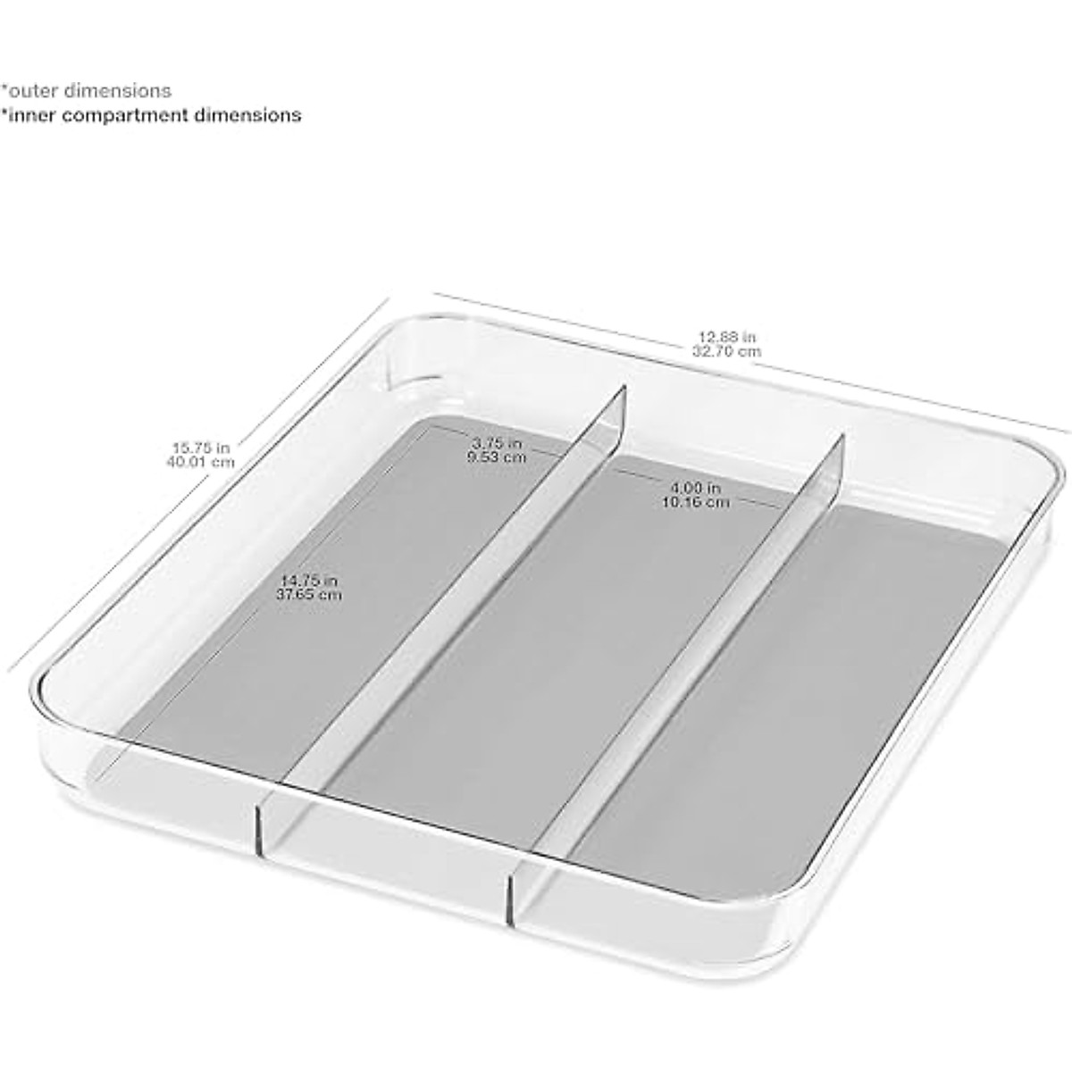 madesmart Utensil Tray - Large | Light Grey | Clear Soft Grip Collection | 3-compartment | Soft-grip Lining | Non-slip Feet | BPA-free