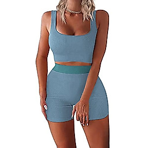 Ekouaer Sweatsuits for Women Knit Loungewear Set Tank and High Waist Shorts Pj Set Summer Casual Sleepwear Blue,Small